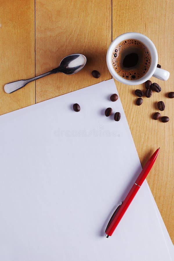 Coffee In A Cup, Pen, And Sheets With Free Space For Inscription Stock ...