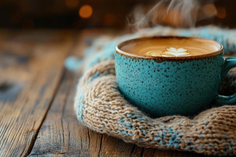 Coffee Shop Ambiance, a Hot Coffee on a Rustic Table with Soft Blankets ...
