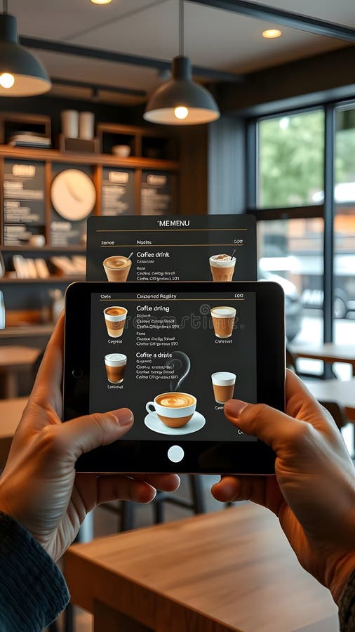 Coffee Shop with Augmented Reality Menu Displayed on Tablets, Offering ...