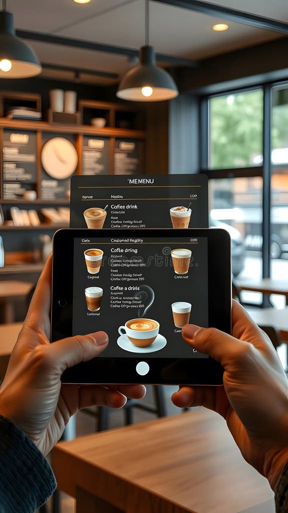 Coffee Shop with Augmented Reality Menu Displayed on Tablets, Offering ...
