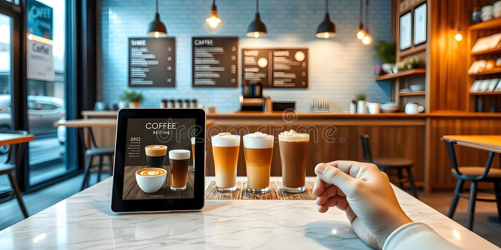 Coffee Shop with Augmented Reality Menu Displayed on Tablets, Offering ...
