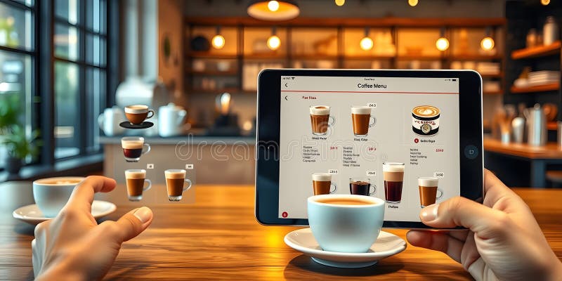 Coffee Shop with Augmented Reality Menu Displayed on Tablets, Offering ...