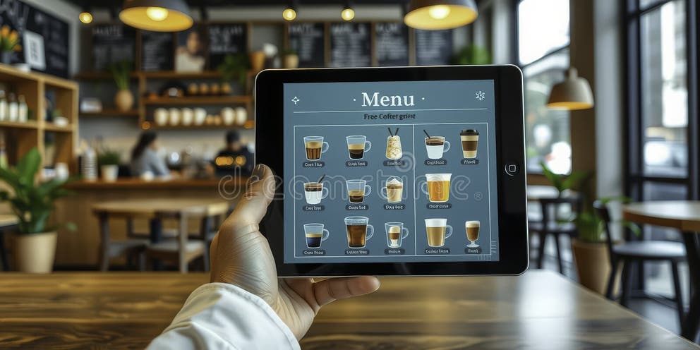 Coffee Shop with Augmented Reality Menu Displayed on Tablets, Offering ...