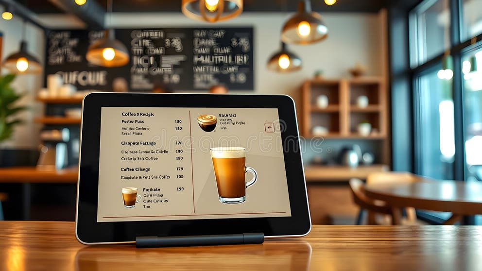 Coffee Shop with Augmented Reality Menu Displayed on Tablets, Offering ...