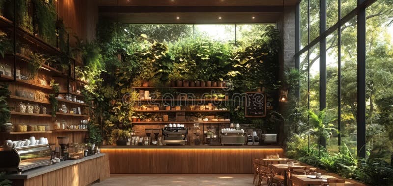 Coffee Shop with a Botanical Garden Theme Stock Illustration ...