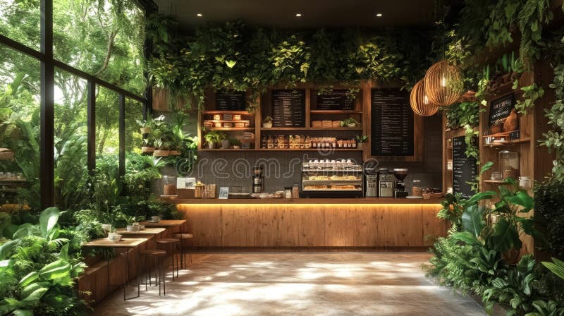 Coffee Shop with a Botanical Garden Theme Stock Illustration ...