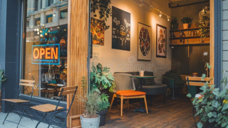 Coffee Shop with a Bright Open Sign Stock Illustration - Illustration ...