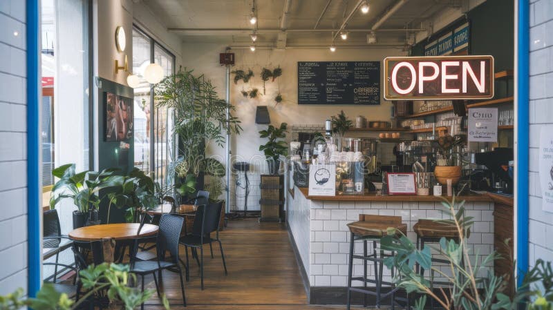 Coffee Shop with a Bright Open Sign Stock Illustration - Illustration ...
