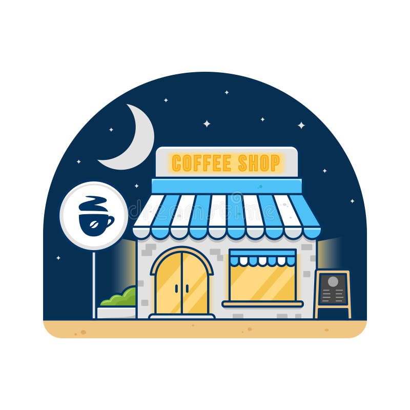 Coffee Shop Cafe Building in Night Time Vector Flat Illustration Stock ...