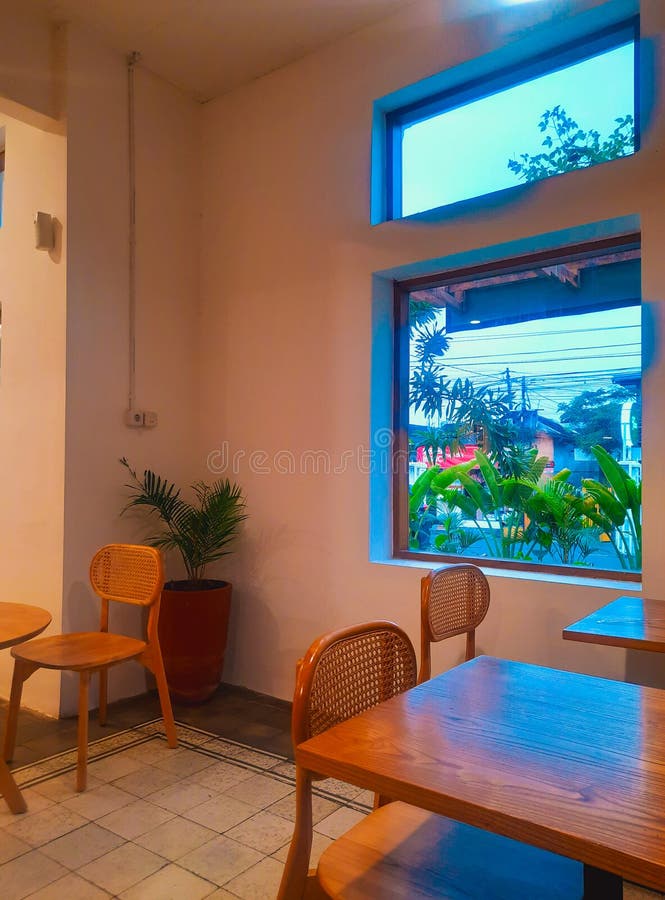 Coffee Shop Corner with Wooden Chair and Table Stock Image - Image of ...