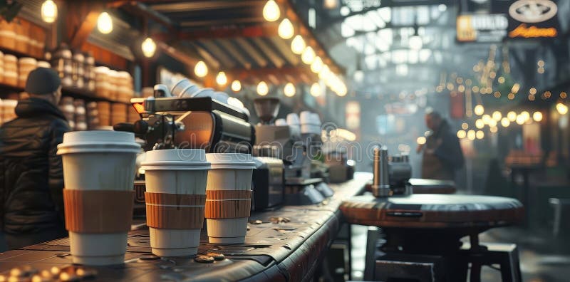 Coffee Shop Counter with Cups and Lights Stock Illustration ...