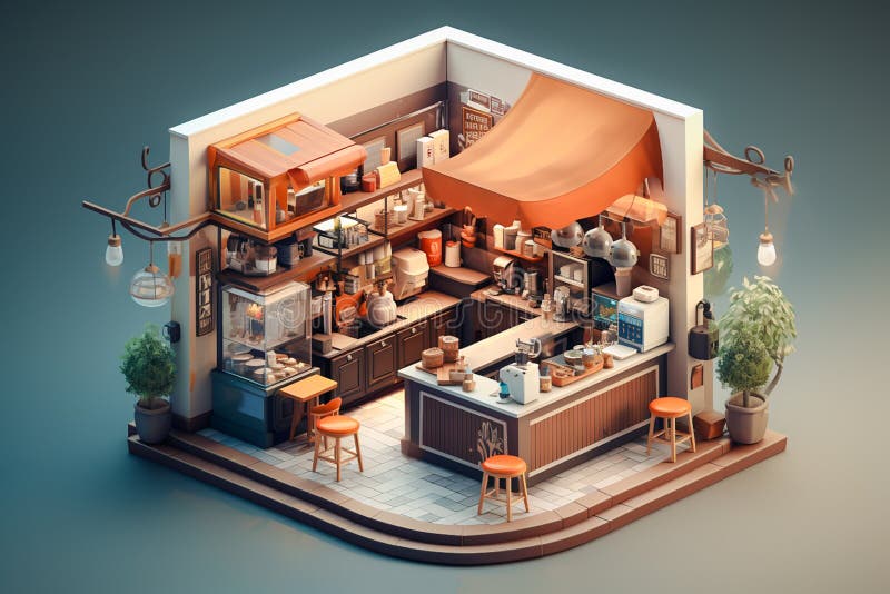 Coffee Shop, Cutaway Isometric, Low Poly Blender, 3d, Generative AI ...