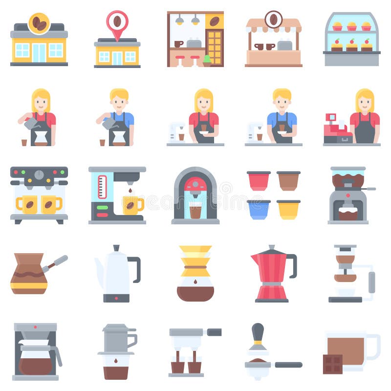 Coffee Shop Flat Vector Icon Set 1 Stock Illustration - Illustration of barista, restaurant ...
