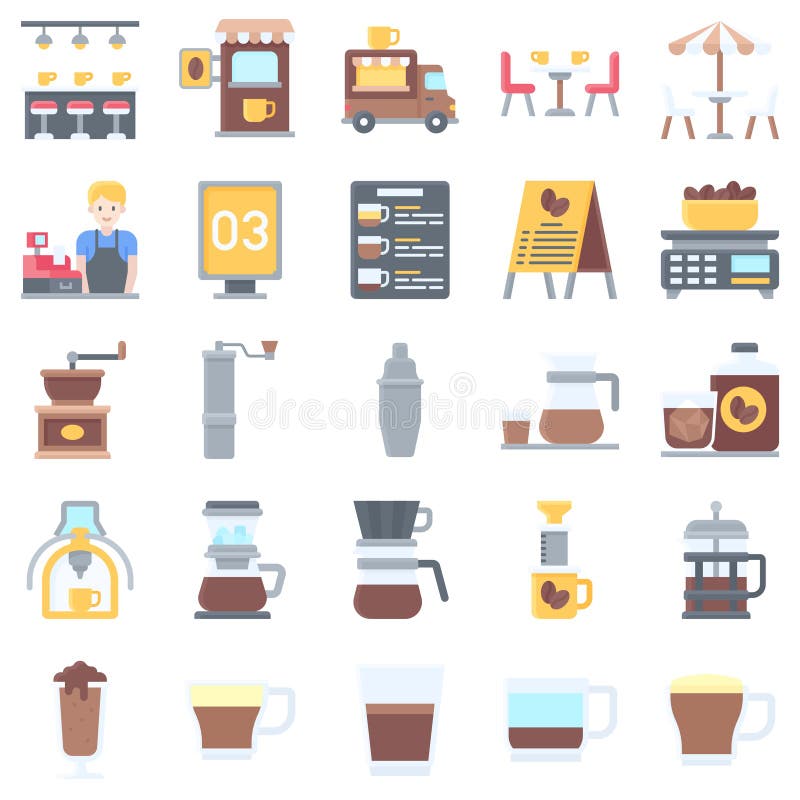 Coffee Shop Flat Vector Icon Set 2 Stock Illustration - Illustration of ...