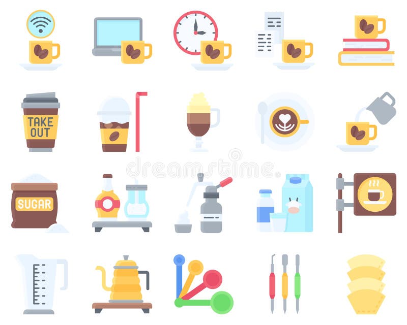 Coffee Shop Flat Vector Icon Set 4 Stock Illustration - Illustration of paper, spoon: 261598131