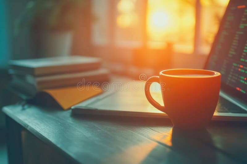 Generative Ai, Coffee Shop Indoor Work with Coffee on the Table Stock ...