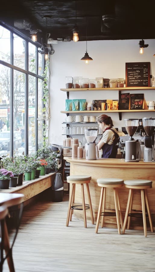 Coffee Shop Interior, Barista Preparing Coffee, Large Windows, and ...