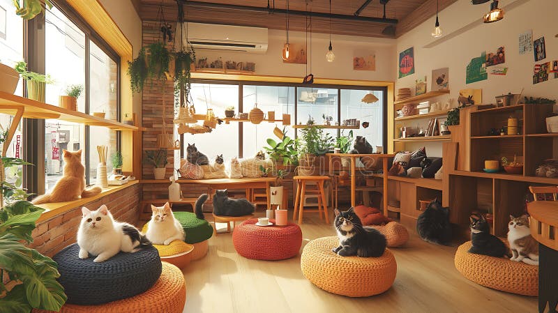 Playful Paws: Cats and Toys in a Cozy Coffee Shop Stock Illustration ...