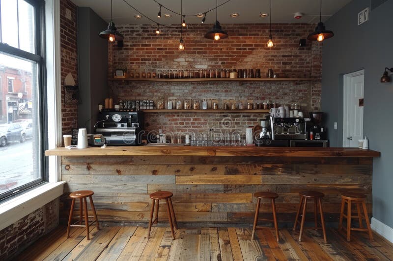 Rustic Coffee Shop Interior Design: Wooden Bar with Exposed Brick Wall ...
