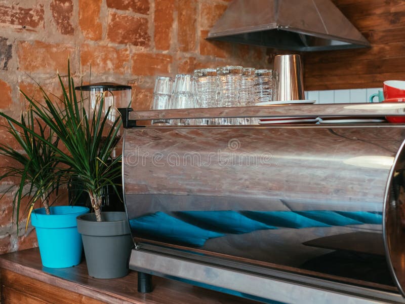 Coffee Shop Interior Stainless Steel Maker Glasses Stock Image - Image ...