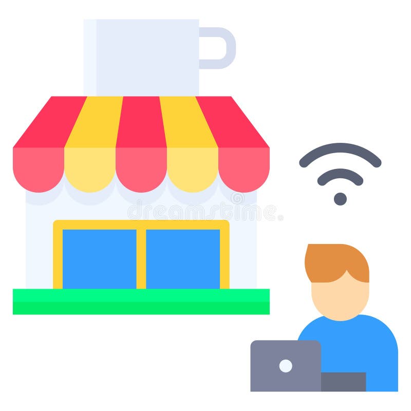 Coffee Shop with Man and Laptop, Work from Cafe Stock Vector ...