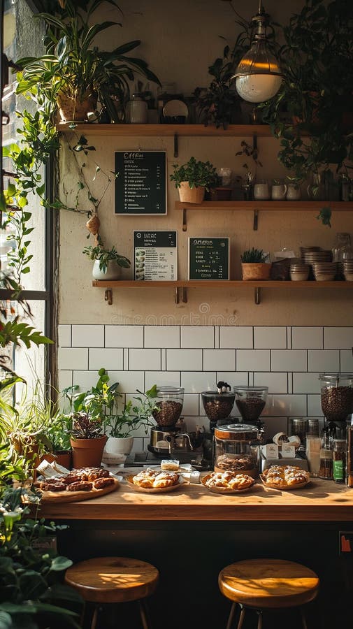 A Coffee Shop Menu Board Surrounded by Plants and Fresh Pastries Stock ...