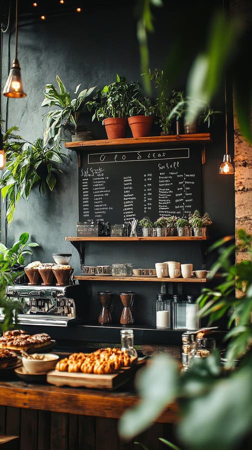 A Coffee Shop Menu Board Surrounded by Plants and Fresh Pastries Stock ...