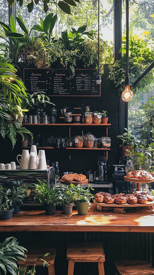 A Coffee Shop Menu Board Surrounded by Plants and Fresh Pastries Stock ...
