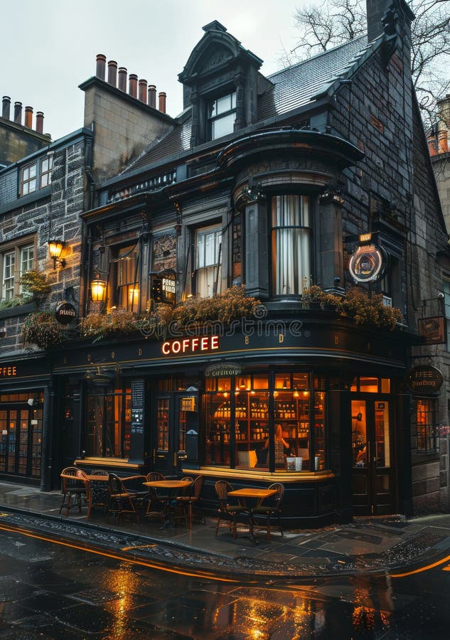 Coffee shop in the rain stock photo. Image of building - 318808050