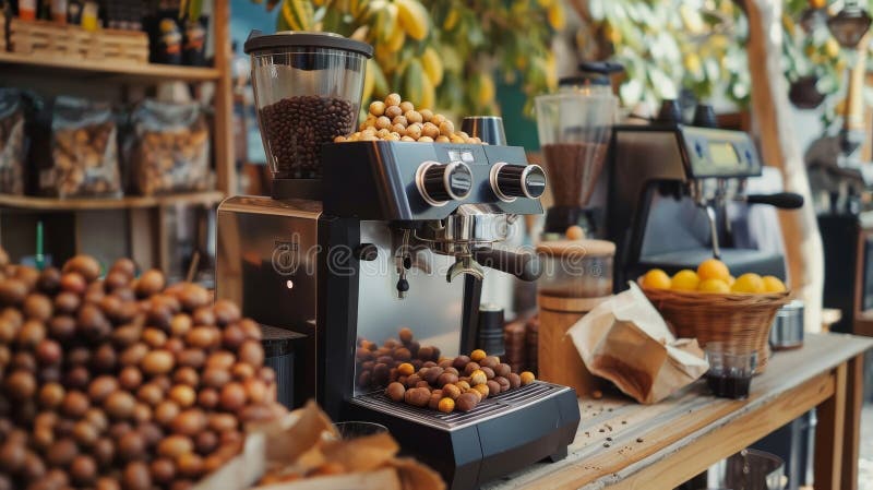Coffee Shop Setup with Espresso Machine and Fresh Coffee Beans in ...