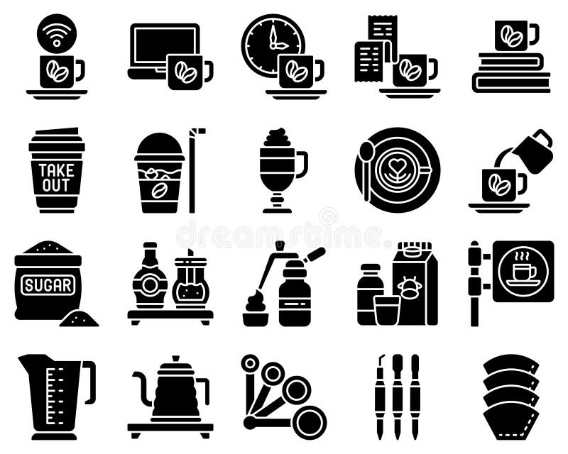 Coffee Shop Solid Vector Icon Set 4 Stock Illustration - Illustration of milk, kettle: 261598099
