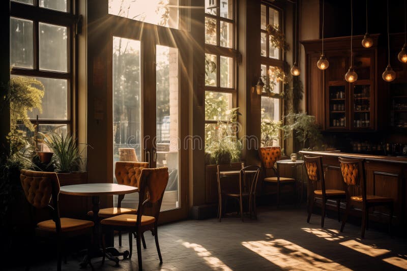 Coffee Shop with Sunlight Streaming through the Windows. Generative AI ...