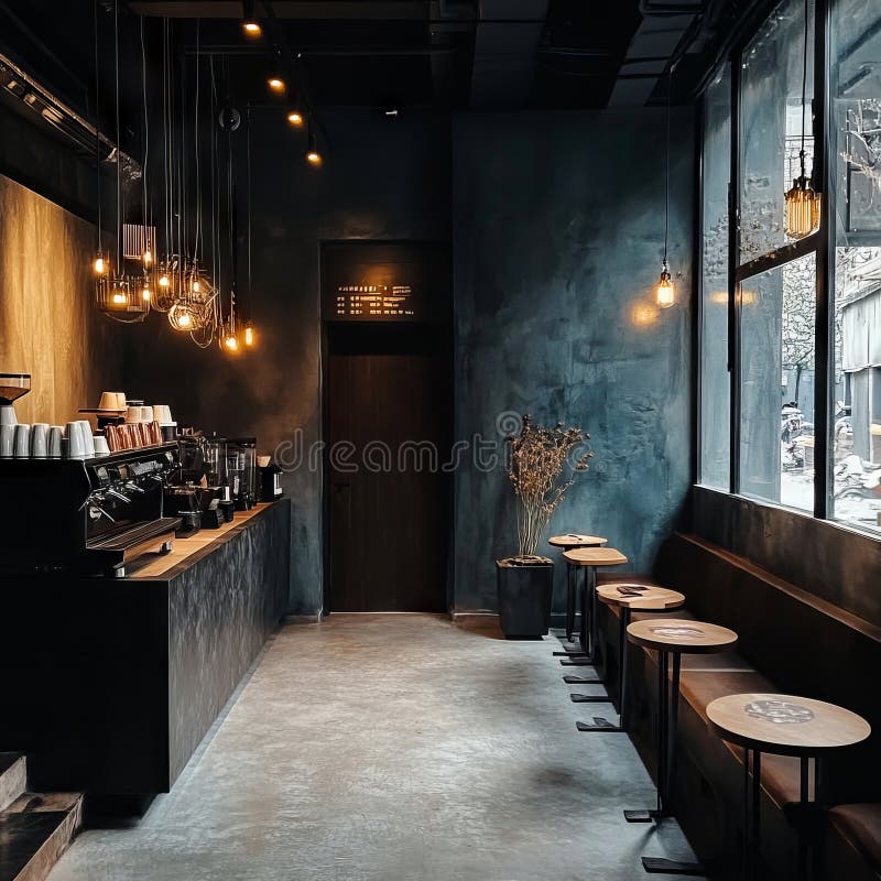 A Coffee Shop with Tables and Benches in Front of a Window Stock Photo ...