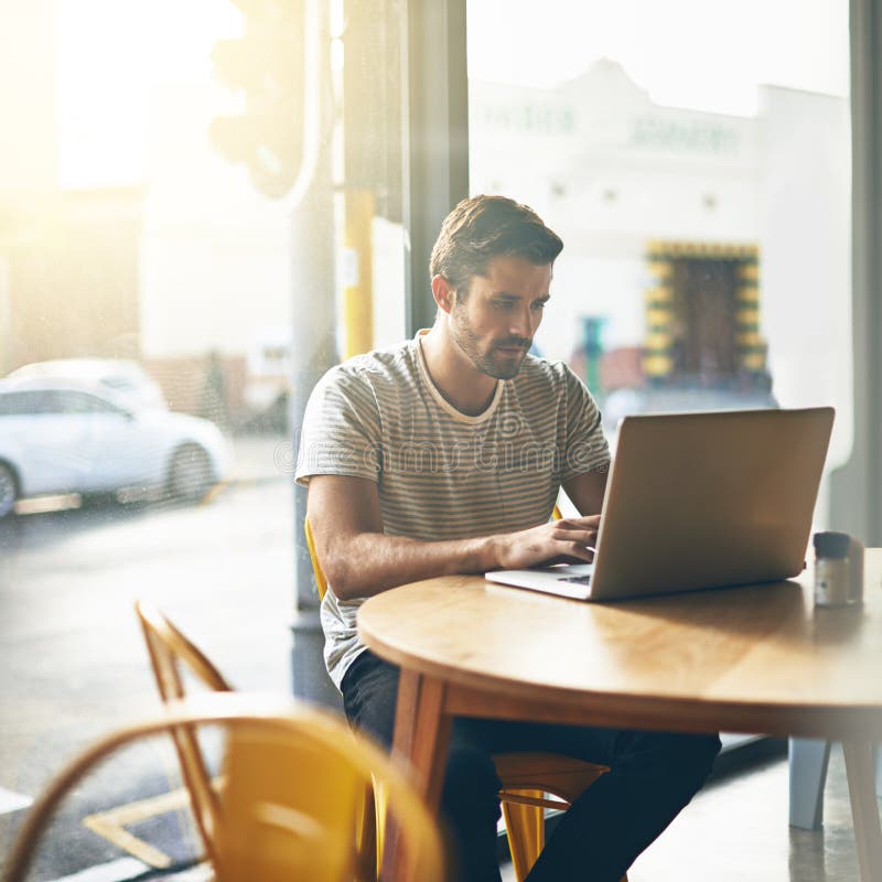 Feeling the Words Flow. a Young Man Working on Laptop in a Cafe. Stock Image - Image of phone ...