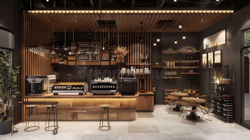 A Coffee Shop with Wooden Walls and Counters Stock Photo - Image of ...