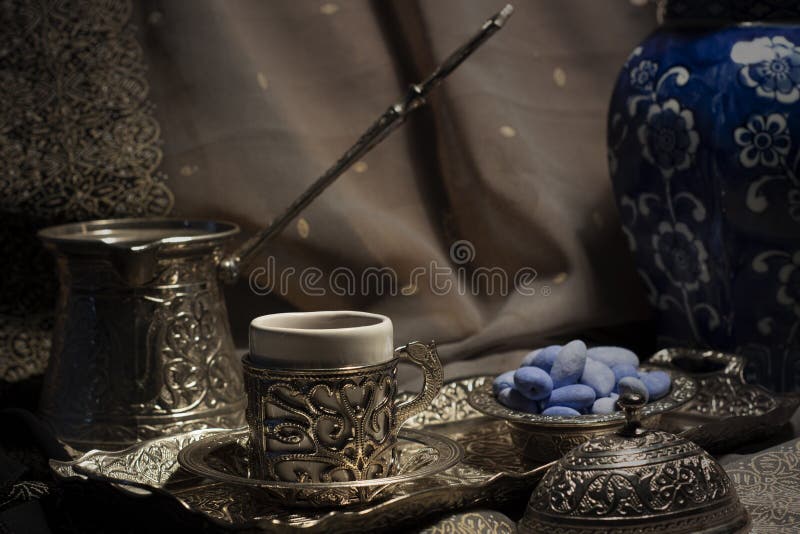 Turkish Coffee Coffee and Silver Coffee Pot Ottoman Design Stock Image ...