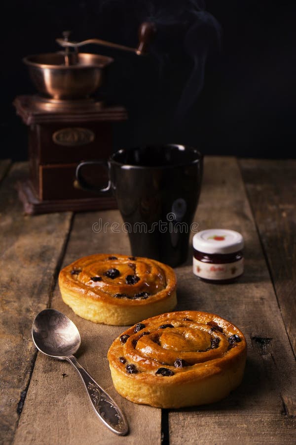 Coffee with Sinamon Buns and Jam Stock Photo - Image of bakery, dark ...