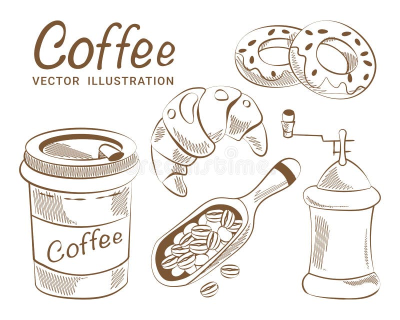 Coffee Sketch Set Hand Drawing Vector Takeaway Coffee Croissant Stock ...