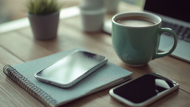 Coffee and Smartphones on a Wooden Table in a Cozy Workspace Setting ...