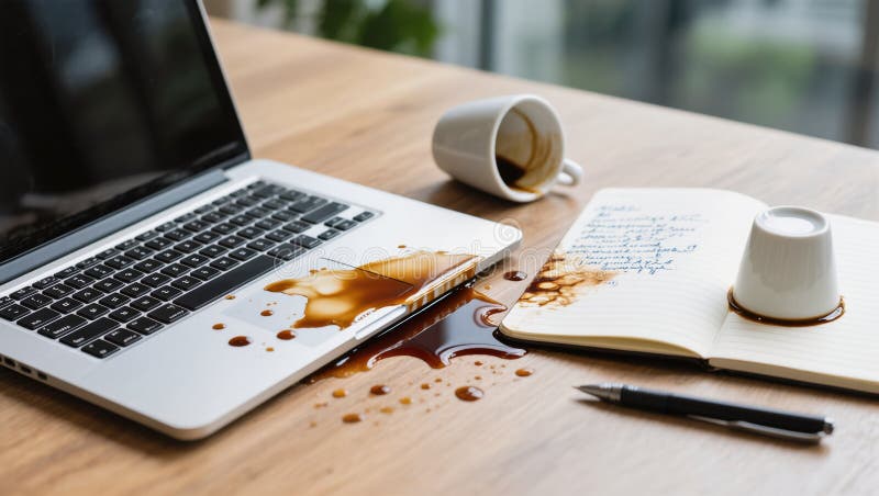 Coffee Spill Disaster on Laptop and Notebook during a Busy Work Session ...