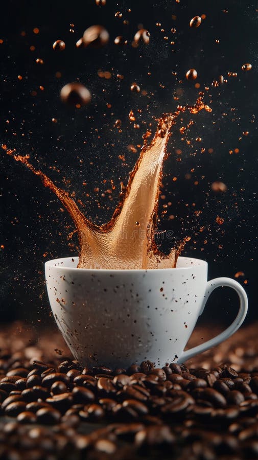 Coffee Splash in Ceramic Cup with Beans in Motion Stock Image - Image ...