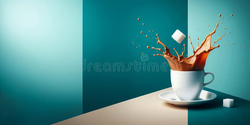 Coffee Splash with Sugar Cube Over White Cup and Saucer, Another Sugar ...