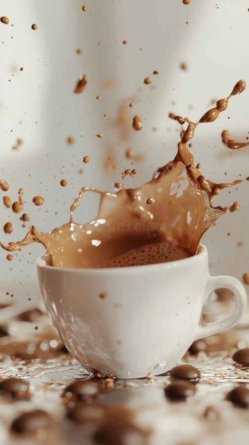 Coffee Splashes Dramatically from a White Cup on a Textured Surface ...