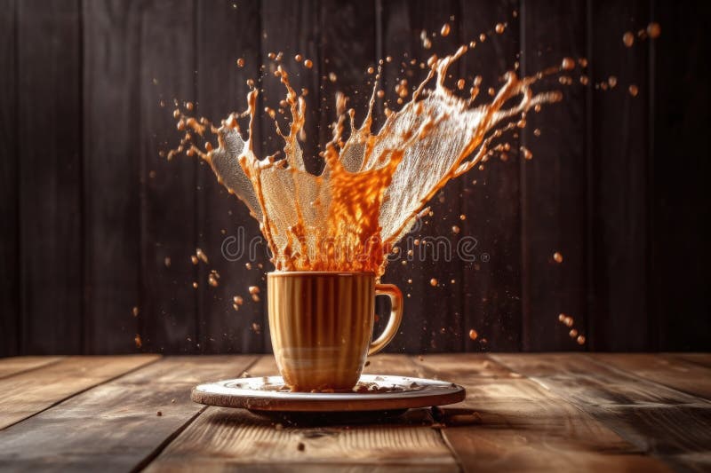Coffee Splashing into Cup on Wooden Table Stock Image - Image of coffee ...