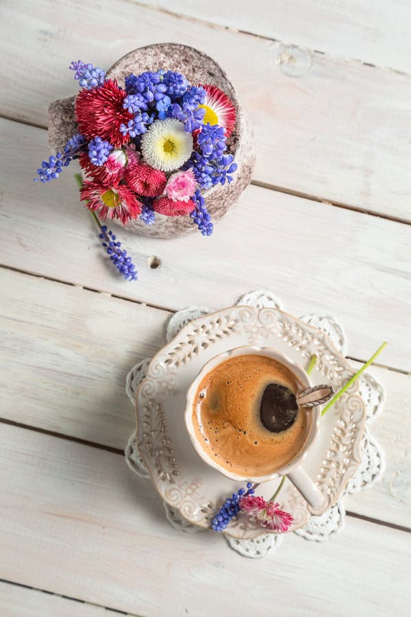 Coffee and Spring Flowers on Old White Table Stock Photo - Image of ...
