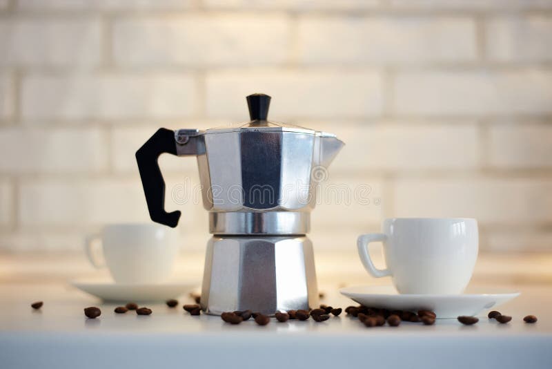 Coffee Still Life. Breakfast Coffee Maker and Cups on the Table Stock ...