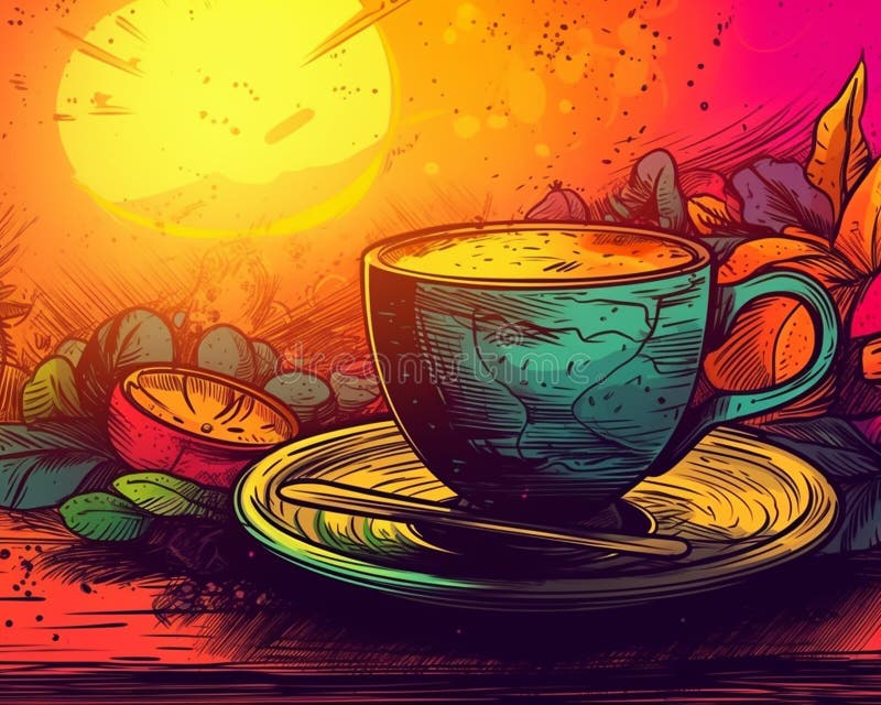 Coffee Still Life Illustration, Drawing in Vibrantly Colors Stock ...