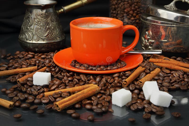 Coffee Still Life with an Orange Mug and a Sugar Bowl Stock Image ...