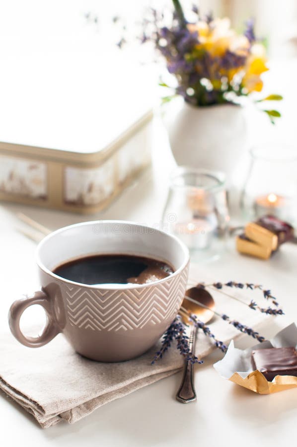Coffee with Sweets Served on Table in Cozy Loft Room Stock Photo ...