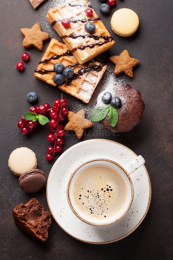 Coffee, Sweets and Waffles with Berries Stock Image - Image of caramel ...